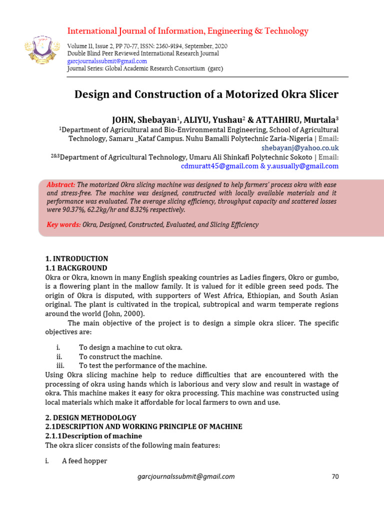 Design and Construction of A Motorized Okra Slicer | PDF | Belt ...