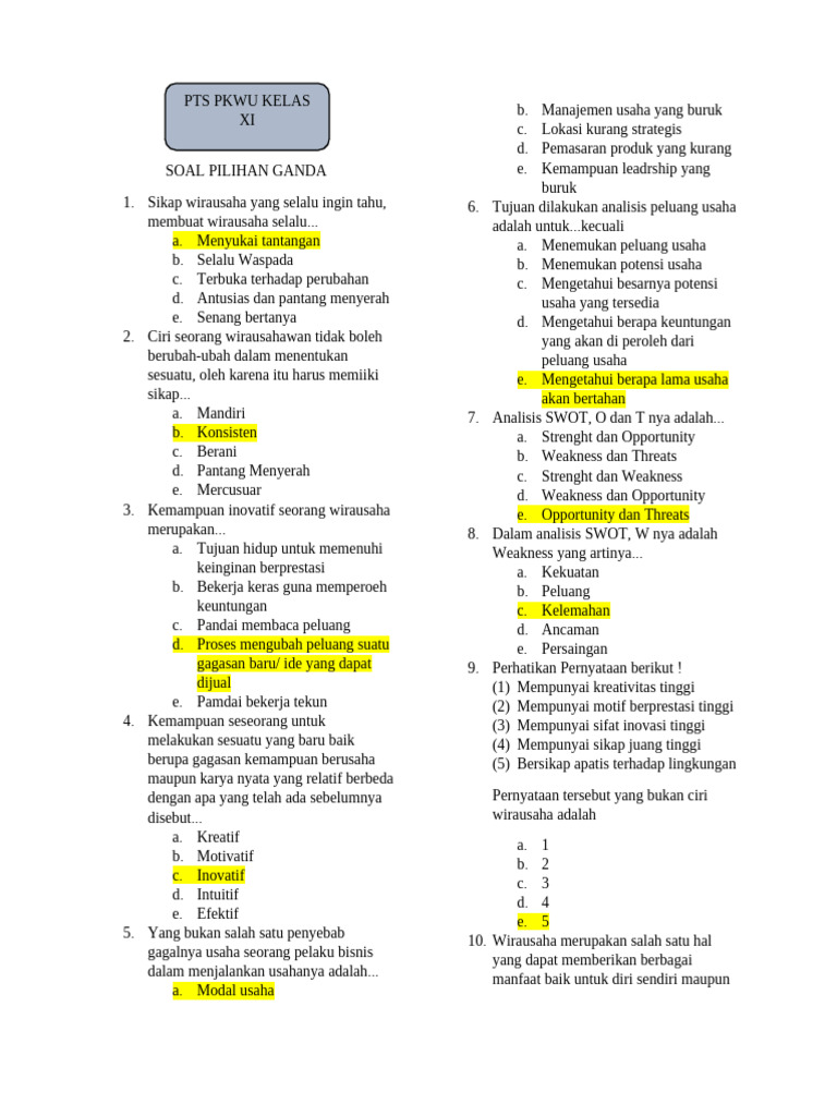 Soal Pts Kelas Xi SMT 1 | PDF