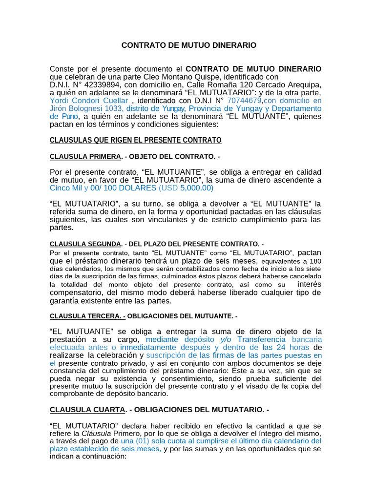 Contrato de Mutuo Dinerario Cleosaki | PDF