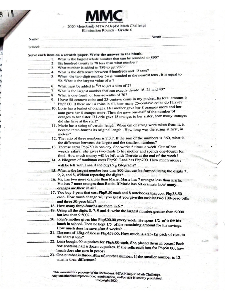 MTAP 2020 Grade 4 | PDF