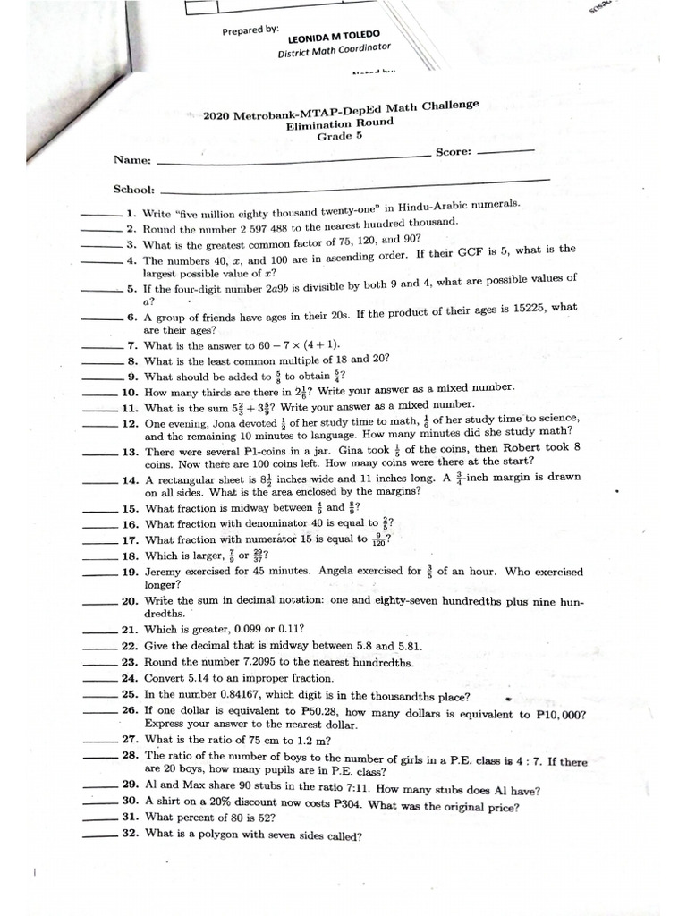 MTAP 2020 Grade 5 | PDF