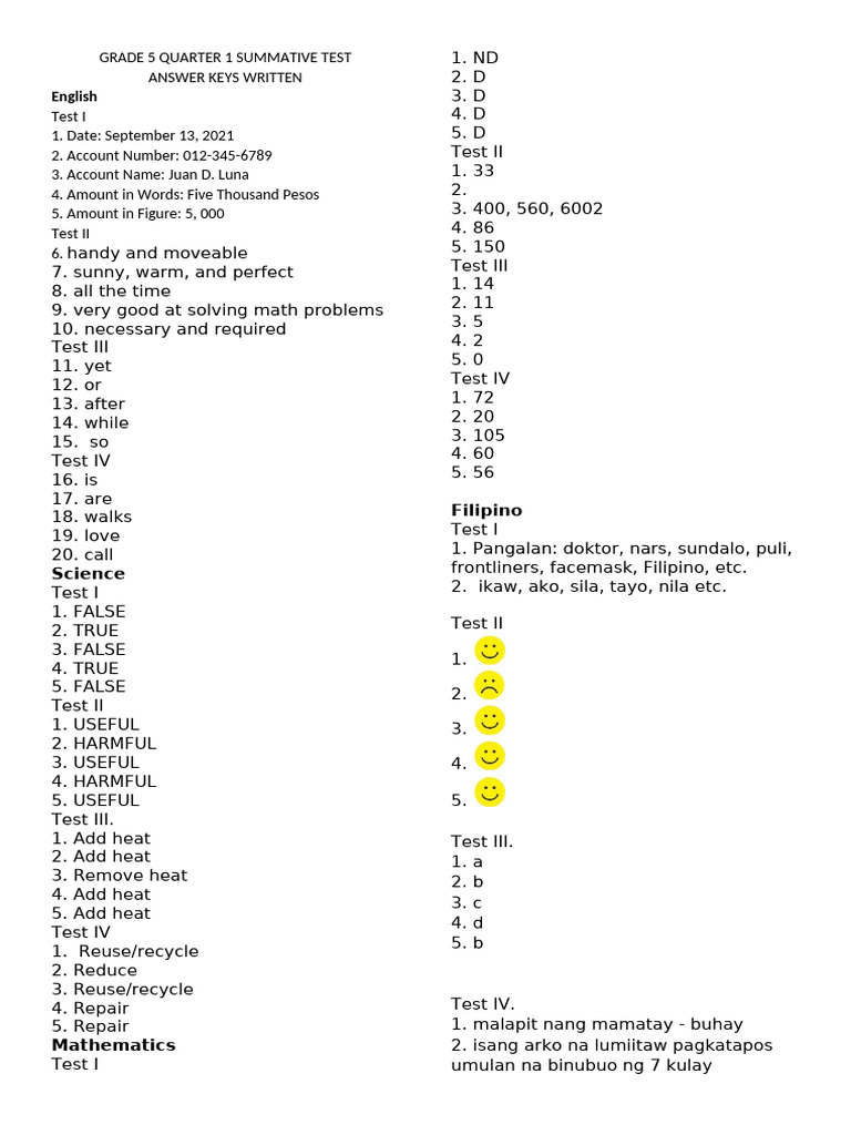Grade 5 Quarter 1 Summative Test Answer Key | PDF