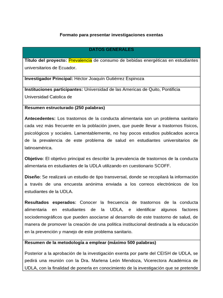 Formato Investigacion Exenta CEISH | PDF