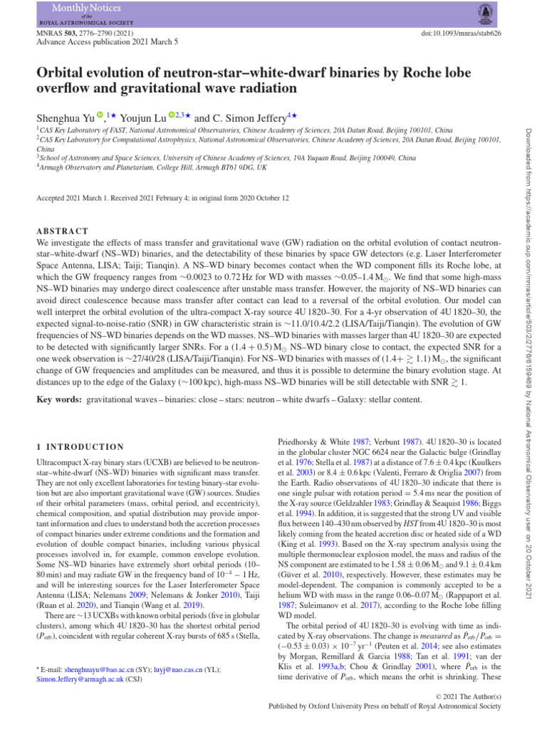 Orbital Evolution of NS - WD Binaries by Roche Lobe Overflow and ...