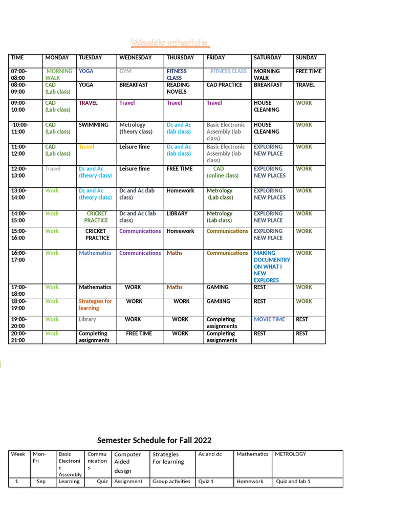 Weekly and Semester Schedule Assignment | PDF