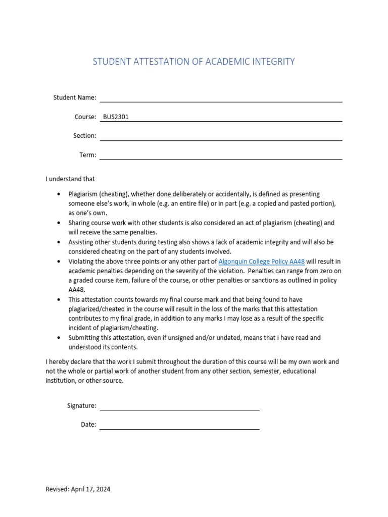 Attestation of Academic Integrity | PDF