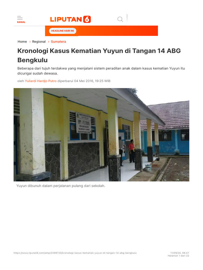 Kronologi Kasus Kematian Yuyun Di Tangan 14 ABG Bengkulu - Regional | PDF