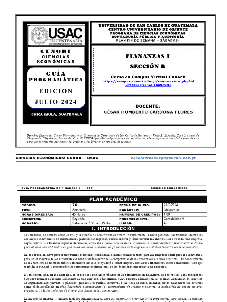 Guia Programatica de Finanzas I, Julio 2024, César Cardona | PDF