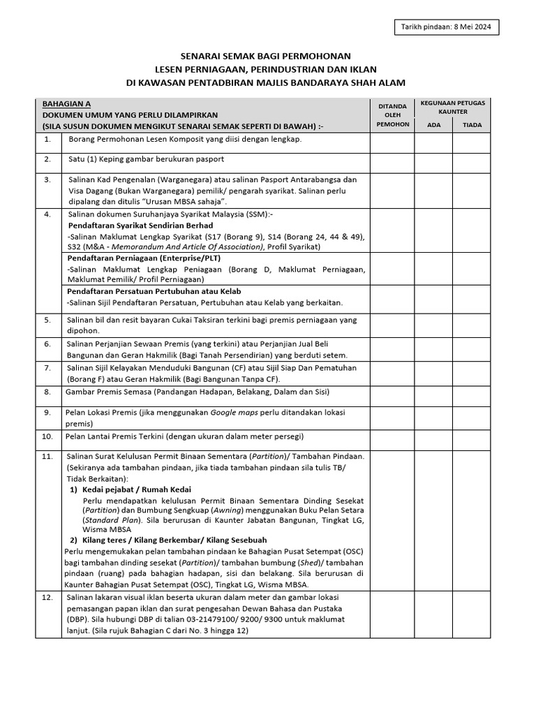 (Pindaan 8.5.2024) Senarai Semak Dokumen Sokongan Lesen Komposit | PDF