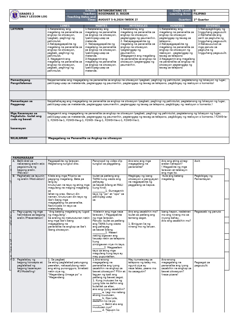 DLL - Filipino 2 - Q1 - W2 Final | PDF