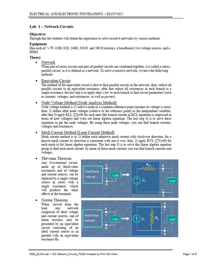 MSE - ELCN Lab 1 - DC Network - Circuits - F2024 | PDF