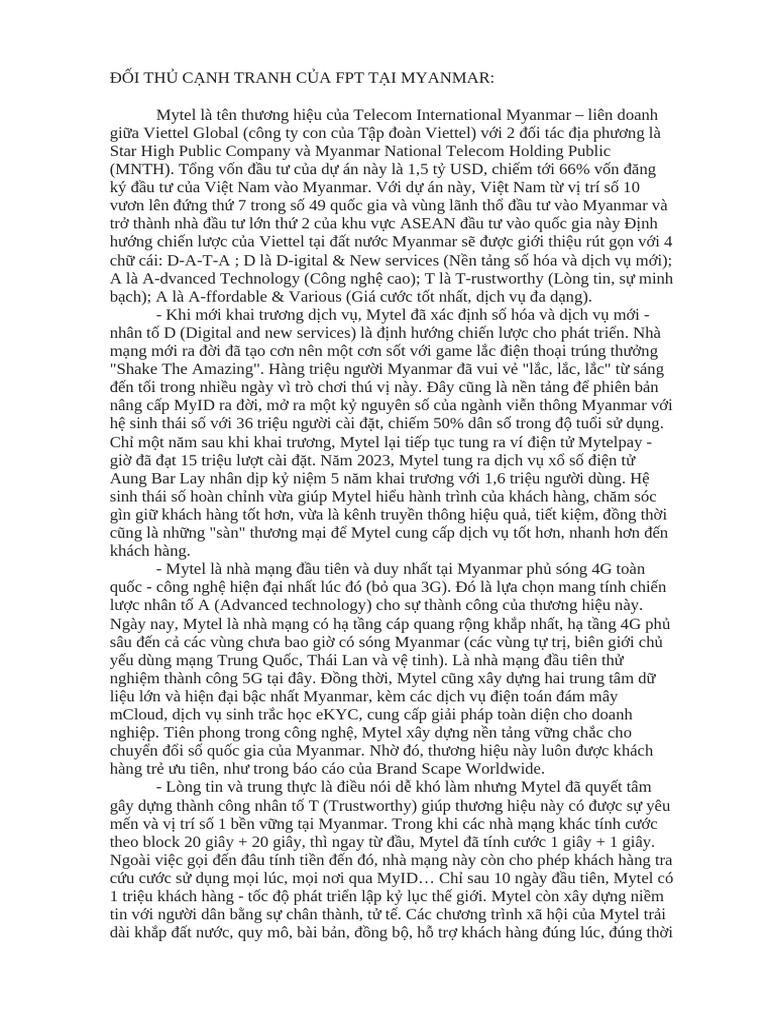 ĐỐI THỦ CẠNH TRANH CỦA FPT TẠI MYANMAR | PDF