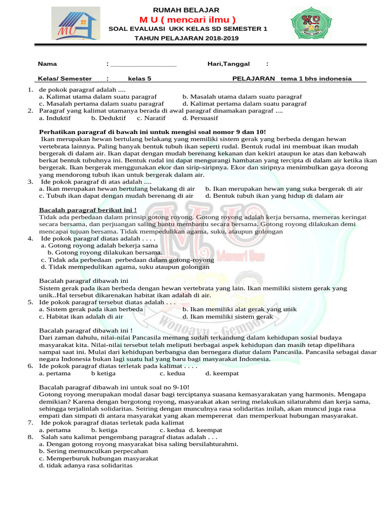 Soal Tema 1 Bhs Indonesia | PDF