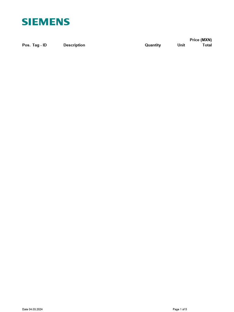 Price (MXN) Pos. Tag - ID Description Quantity Unit Total: Page 1 of 5 ...