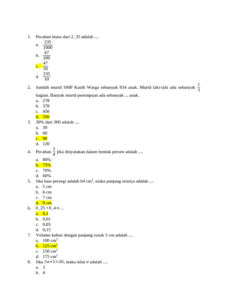 Soal MM Penentuan Kelas 7 Unggulan | PDF