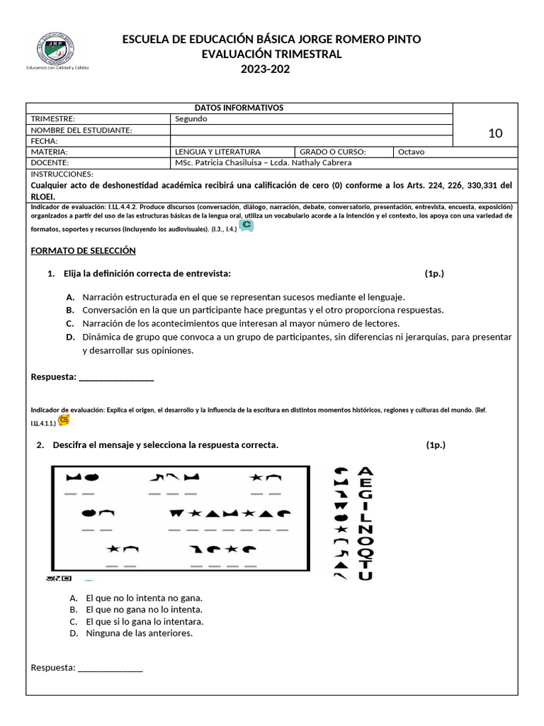 Prueba 2do TRIM-LL-8VO | PDF | Oración (Lingüística) | Artes del ...