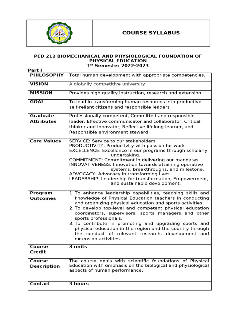 FINAL PED 212 ISO Course Syllabus 1st Sem | PDF
