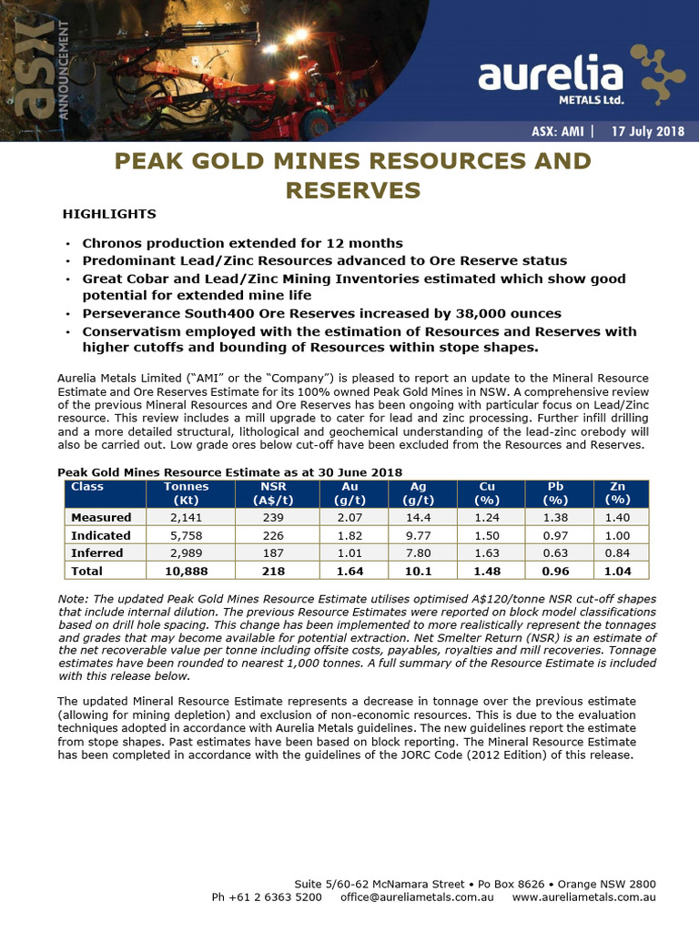 Peak Gold Mine Reserves and Resources | PDF