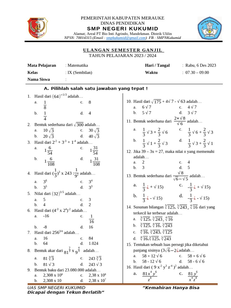 Soal UAS MTK Kls 9 Sem 1 - TP 2023-2024 | PDF | Teaching Methods & Materials