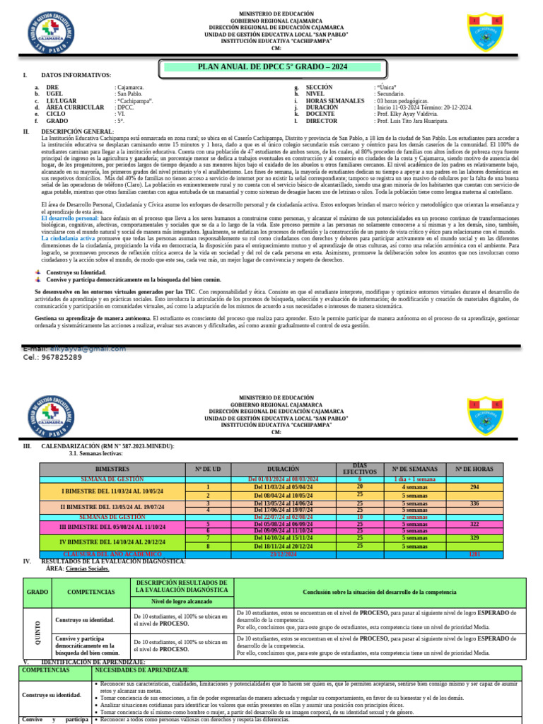 Plan Anual DPCC 5° 2024 | PDF | Aprendizaje | Evaluación
