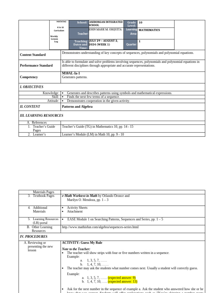 DLP-G10-Q1-W1-day 1 | PDF