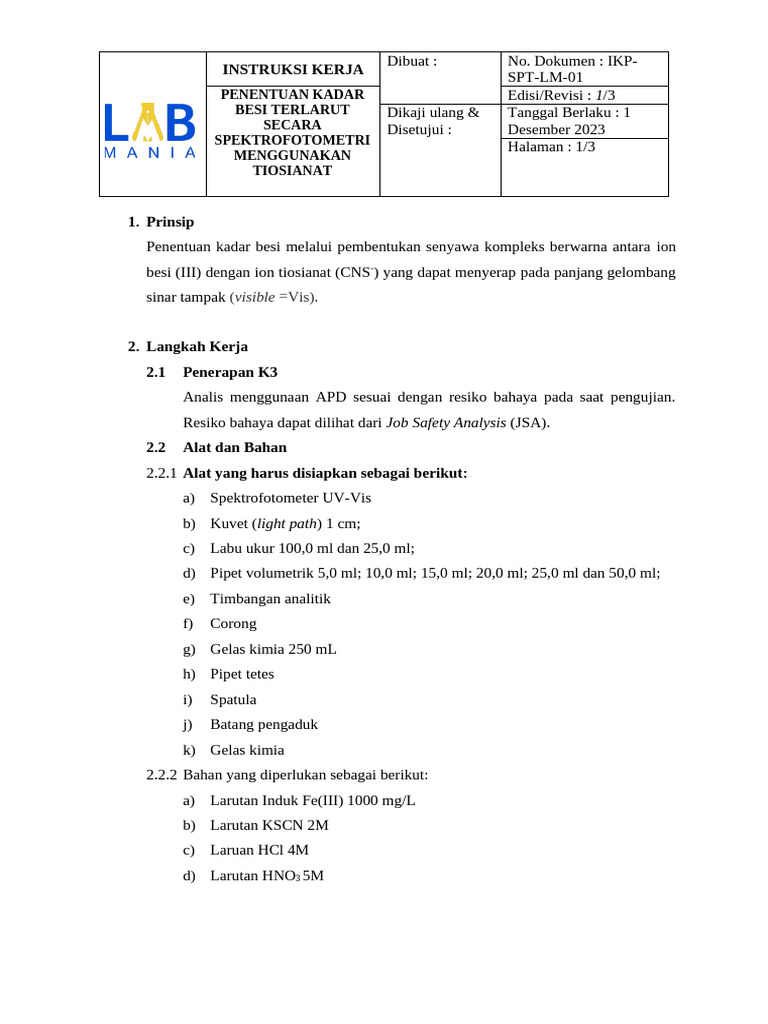IK TM Besi Secara Spektrofotometri-Tiosianat Rev-3 | PDF