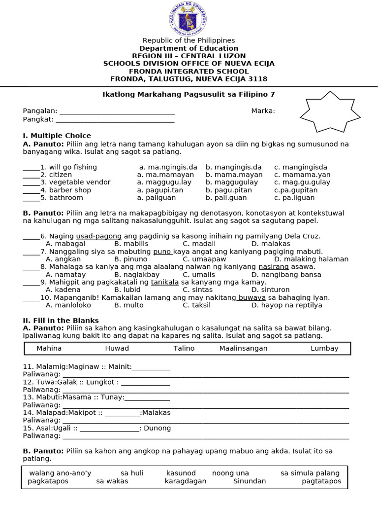 Q3 EXAM FILIPINO 7 | PDF