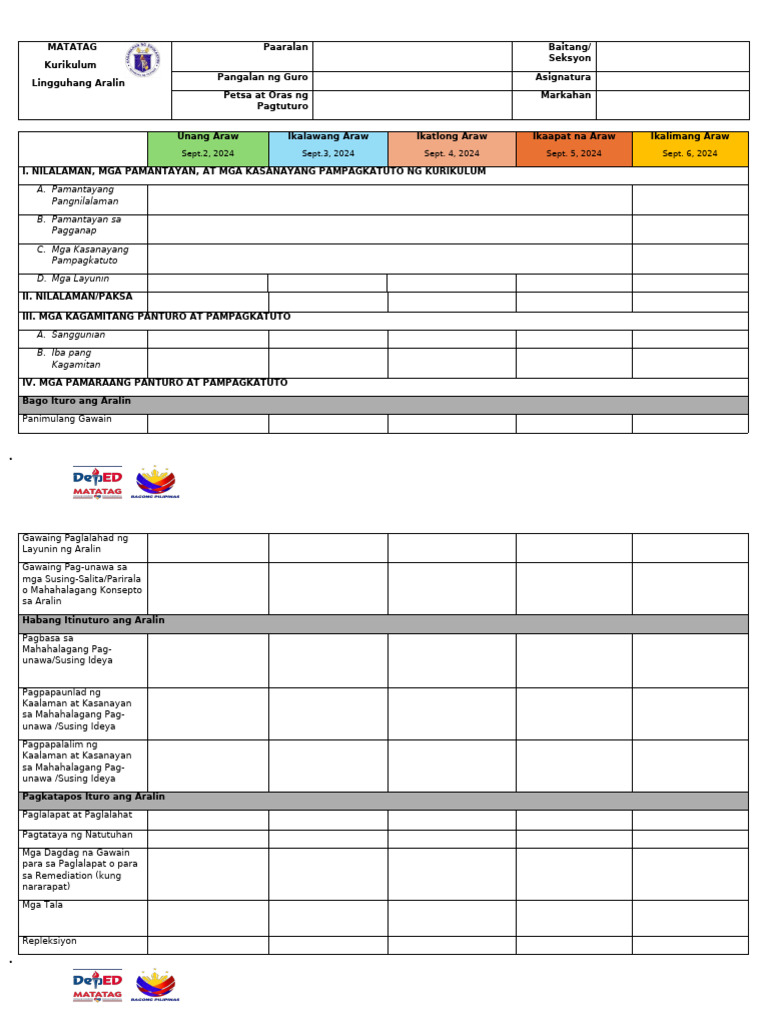 BLANK DLL TEMPLATE - MATATAG Filipino 1 | PDF