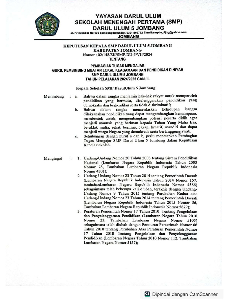 SK Pembagian Jam Smpdu5 2425 Compressed | PDF