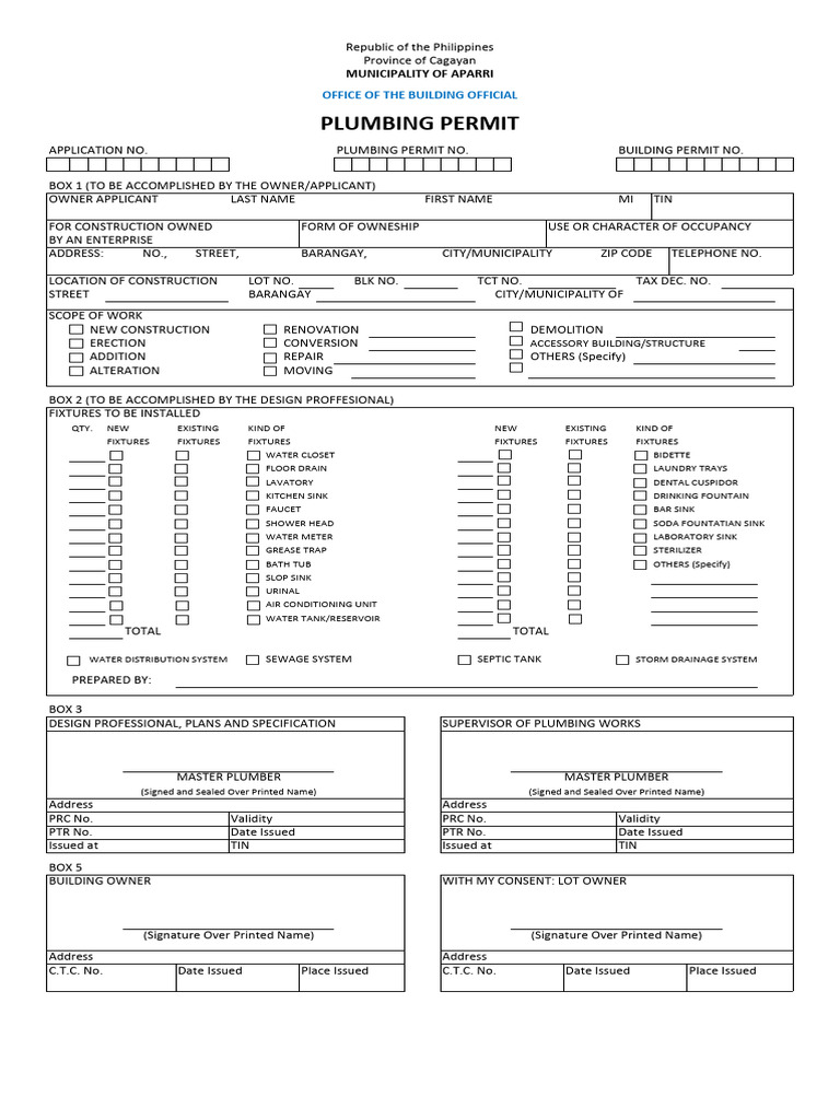 Plumbing Permit Application Form | PDF | Plumbing | Sink