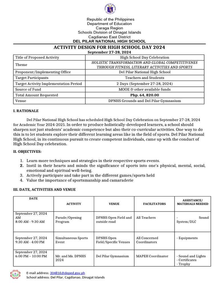Activity Design HS Day DPNHS (Revised) | PDF