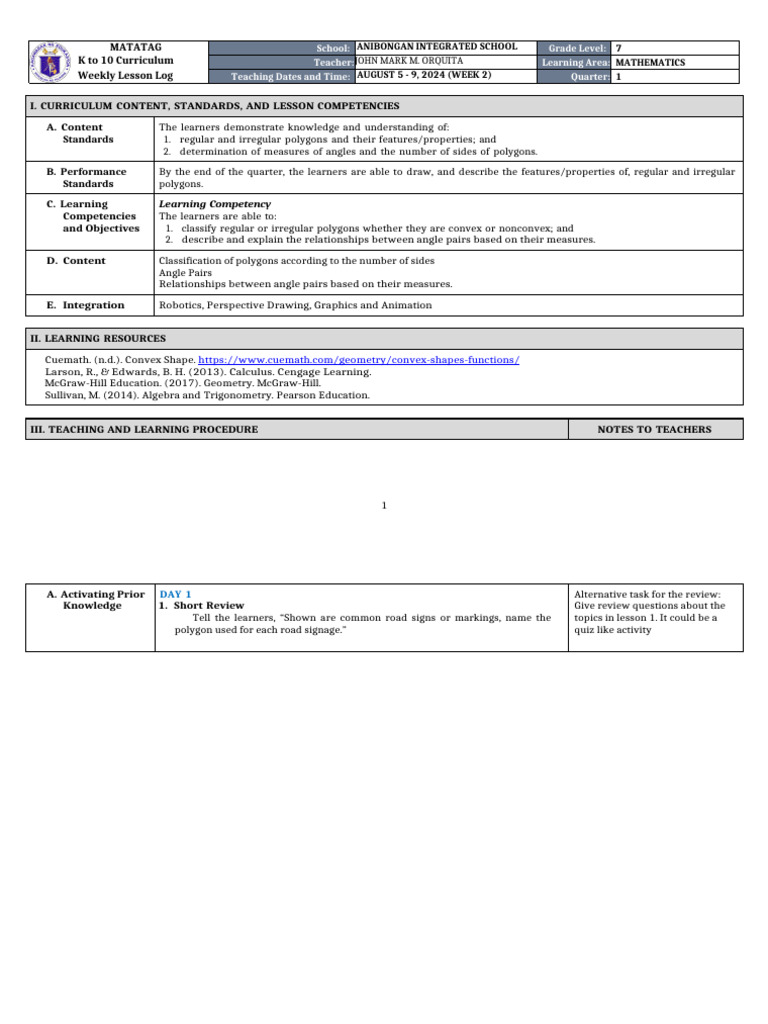DLL Matatag - Math 7 q1 w2 | PDF