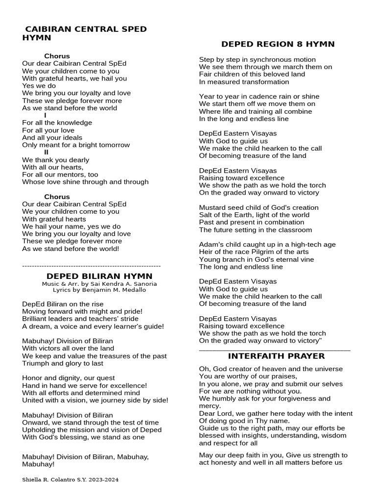 LYRICS CCSSC Hymn, Deped Biliran Hymn, DepEd Eastern Visayas Hymn Interfaith Prayer - 082721 | PDF