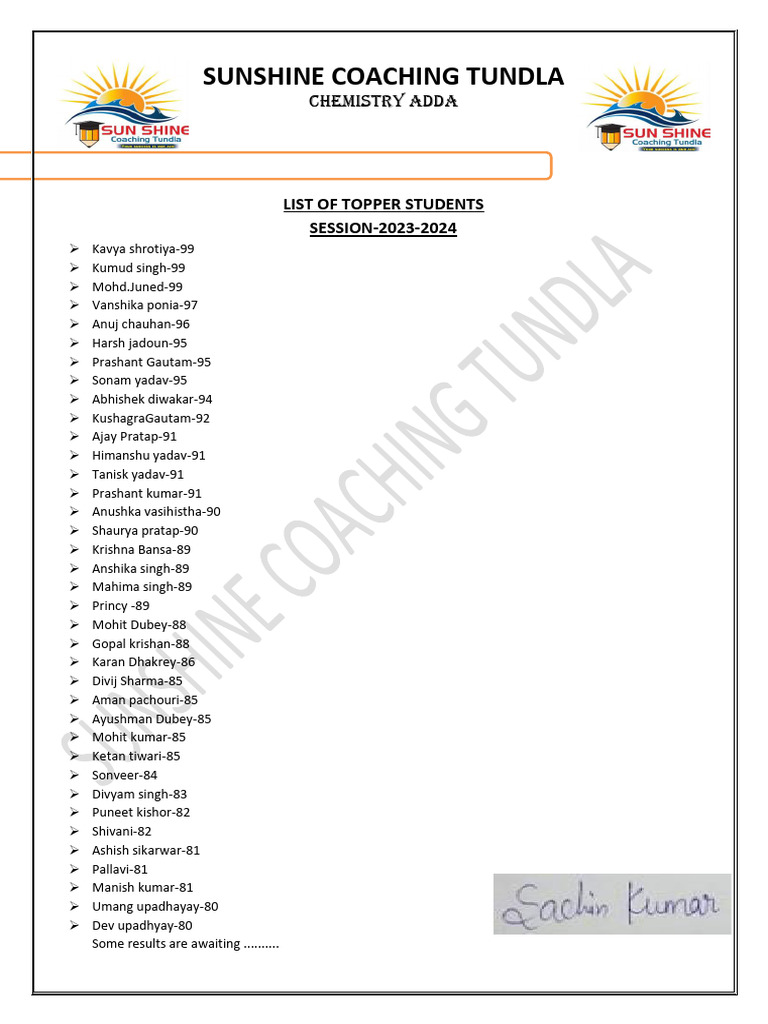 Sunshine Coaching Topper 2023-24 | PDF