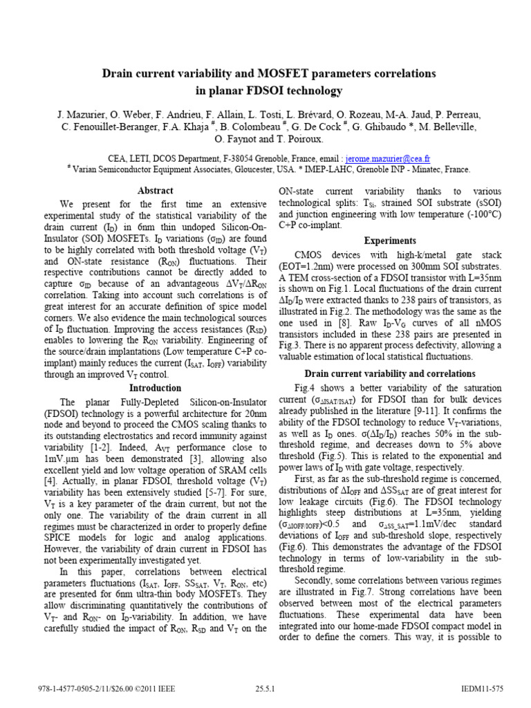 Drain Current Variability And Mosfet Parameters Correlations In Planar