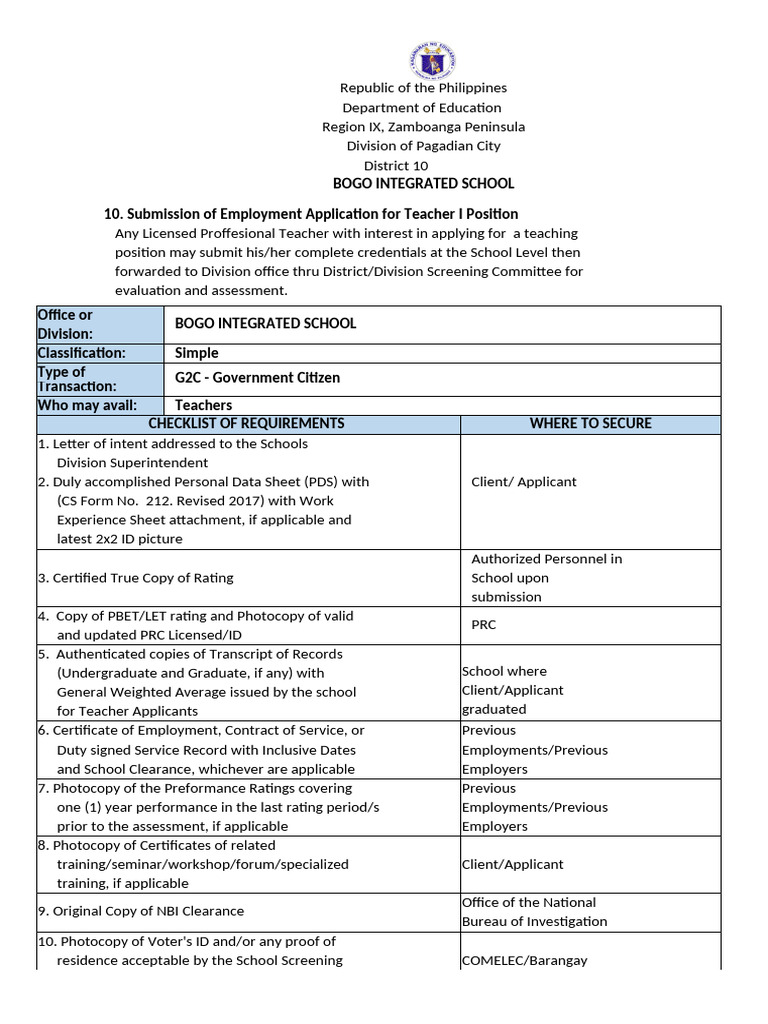 Submission of Employment Application For Teacher I Position | PDF