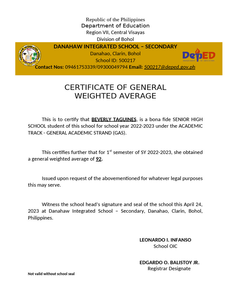 Certificate of GWA | PDF
