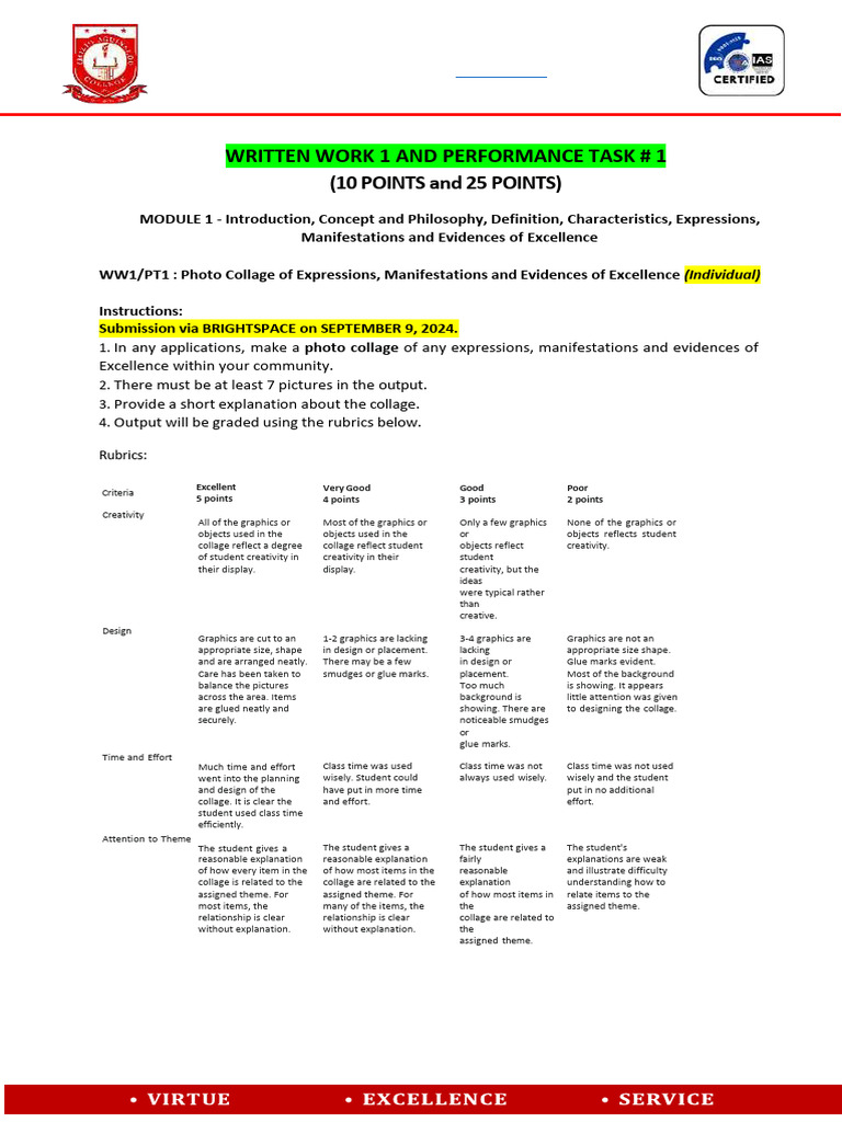 Instructions for Written Work 1 and Performance Task 1 | PDF
