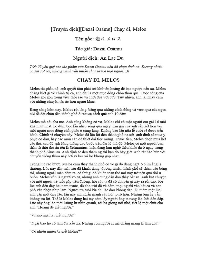 (Truyện dịch) (Dazai Osamu) Chạy đi, Melos Tên gốc: Tác giả: Dazai Osamu Người dịch: An Lạc Du | PDF