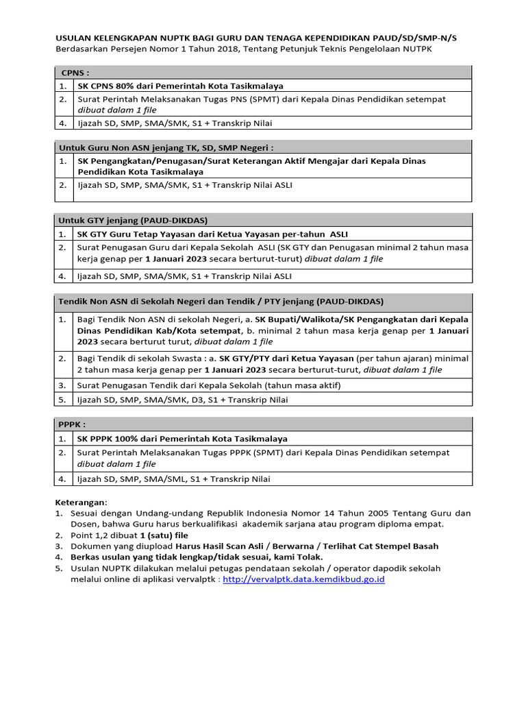 Usulan Kelengkapan Nuptk Bagi Guru Dan Tenaga Kependidikan Paud | PDF