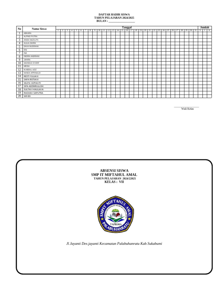 Absensi Kelas Vii | PDF