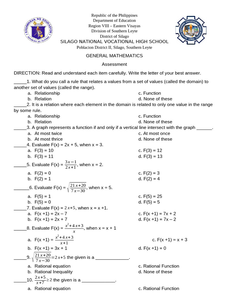 General Mathematics Assessment Guide | PDF | Function (Mathematics ...