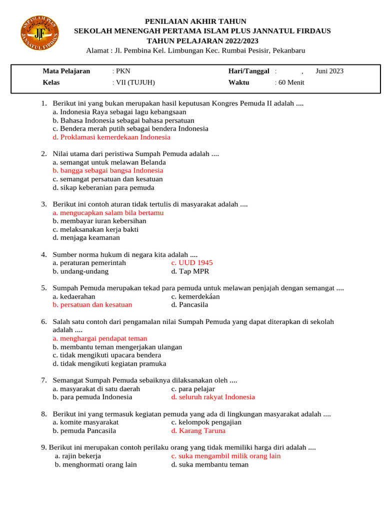 Soal Pas PKN Kelas 7 | PDF