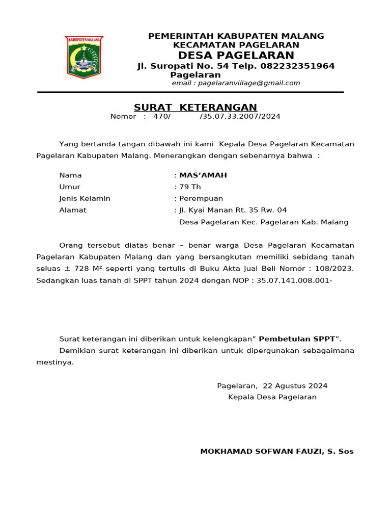 Surat Keterangan Perubahan SPPT | PDF