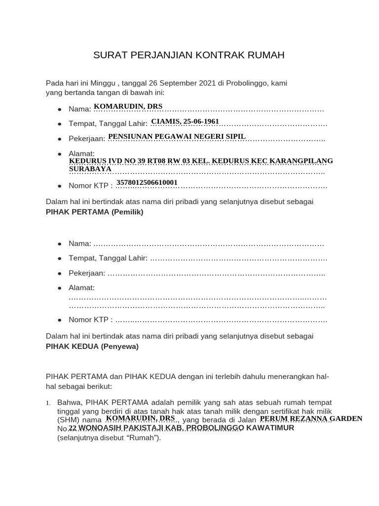 Surat Perjanjian Kontrak Rumah | PDF