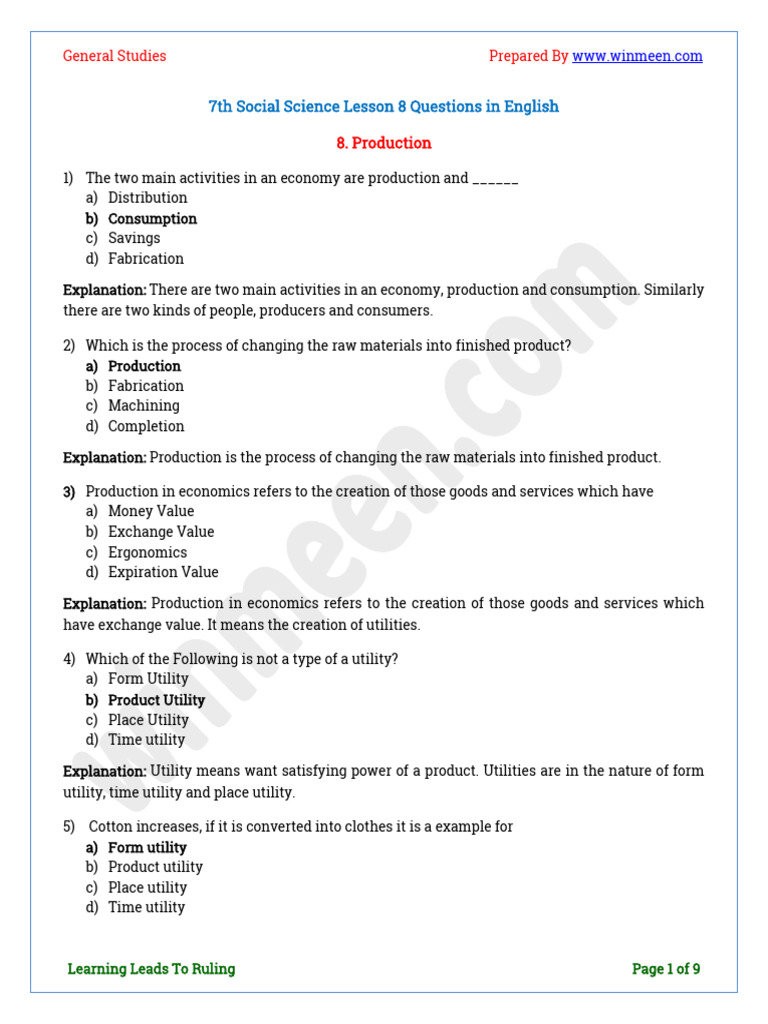 7th Social Science Lesson 8 Questions in English | PDF