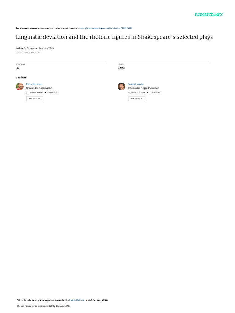 Linguistic Deviation and The Rhetoric Figures in S | PDF