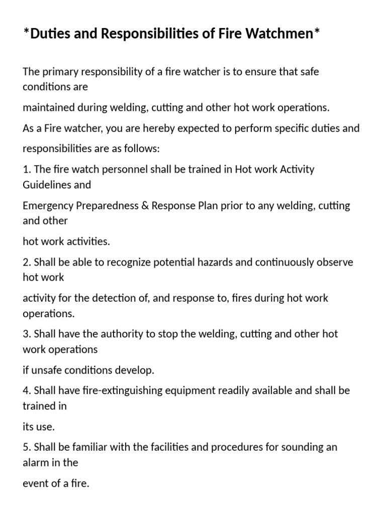 Duties and Responsibilities of Fire Watchmen | PDF