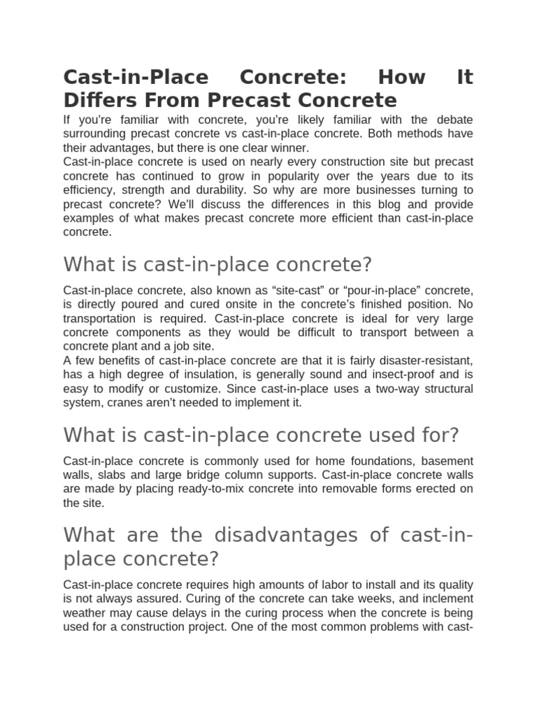 Cast-In Place Concrete VS. Precast Concrete | PDF