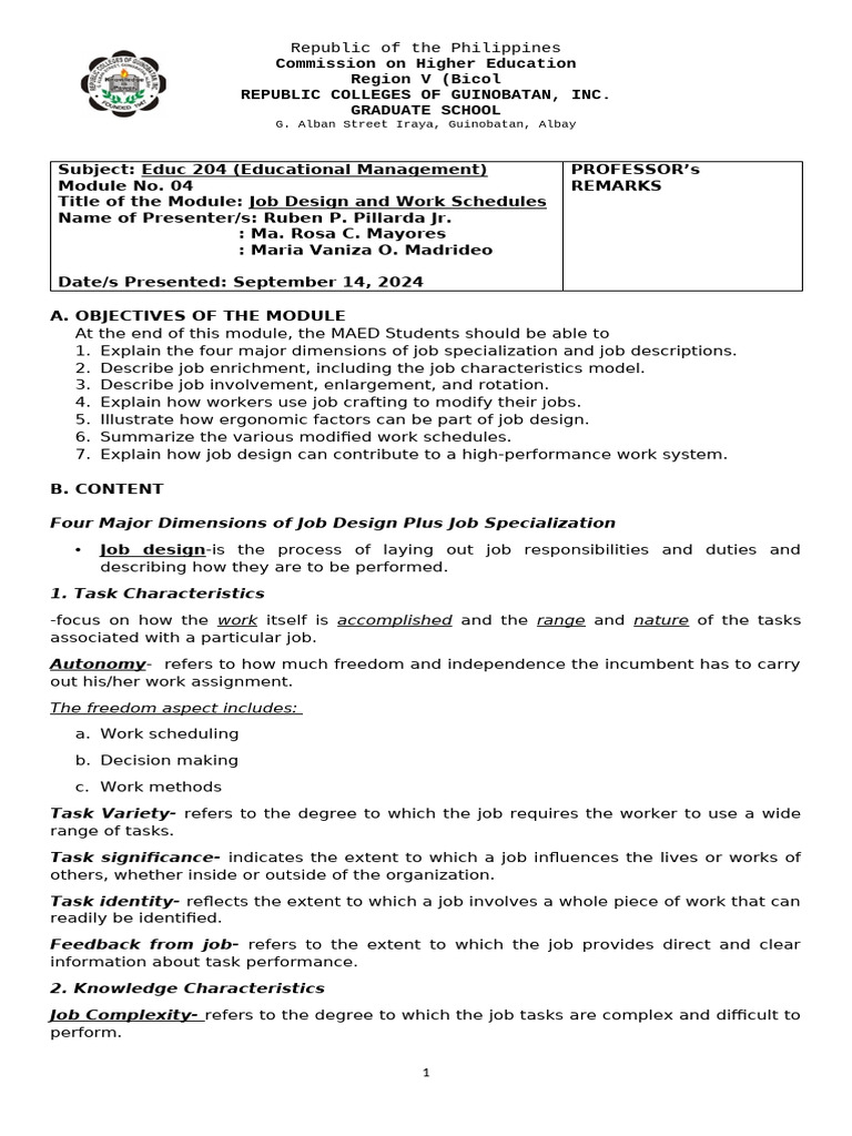 EDUC 204 Module 4 Job Design and Work Schedule Handout | PDF